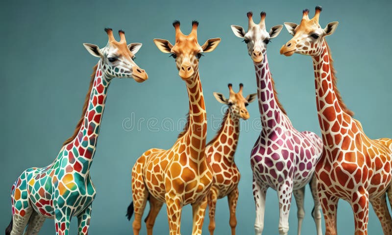 Six Giraffes with Distinct Coat Patterns Stand in Line Against Blue ...
