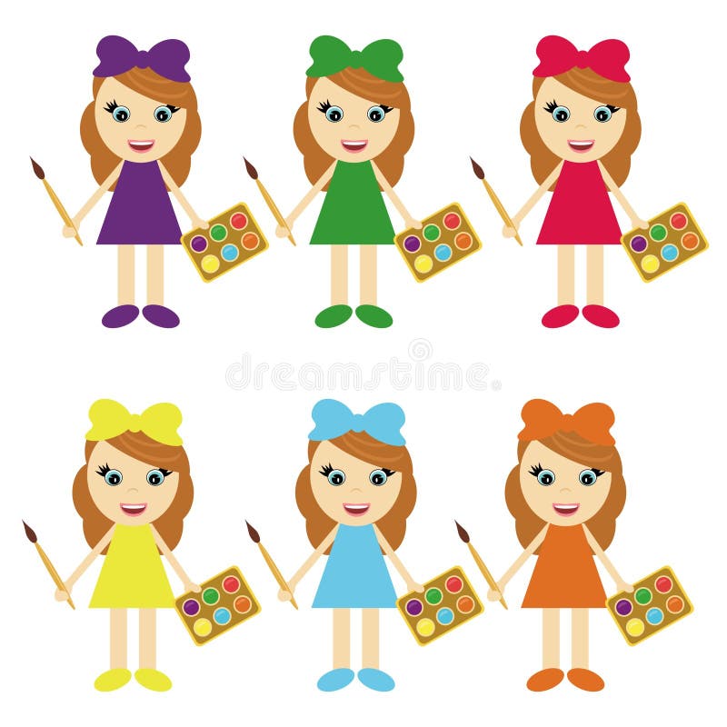 Six Girls with Paints in Color Dresses Stock Vector - Illustration of ...