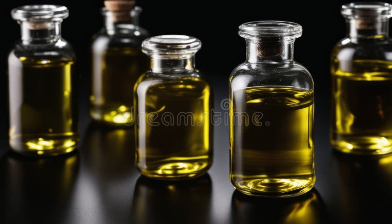 Six Glass Bottles with Yellow Liquid in Them Stock Illustration ...