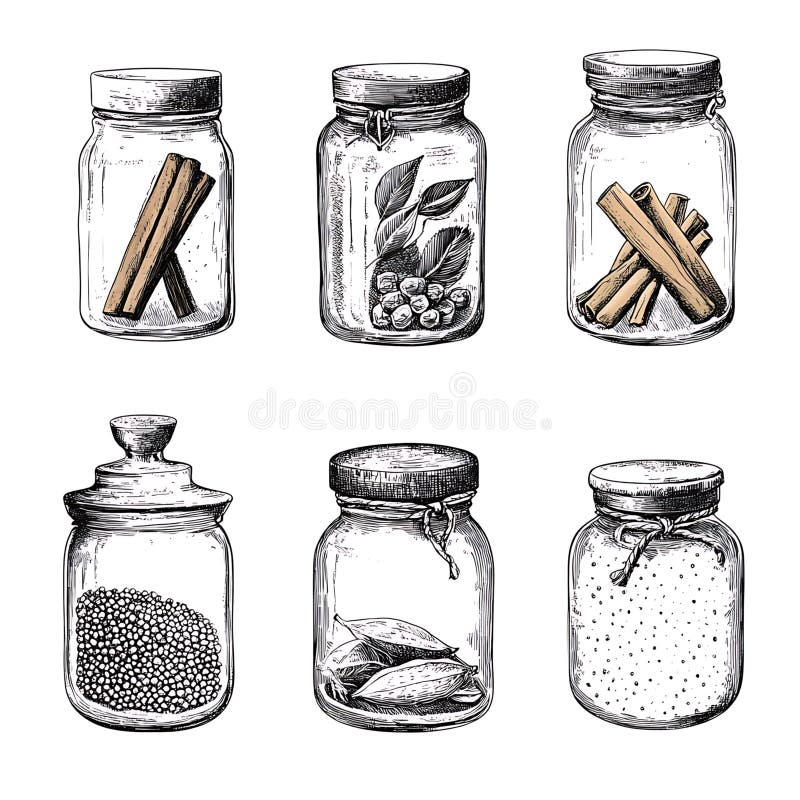 Six Glass Jars with Various Spices and Herbs Stock Illustration ...