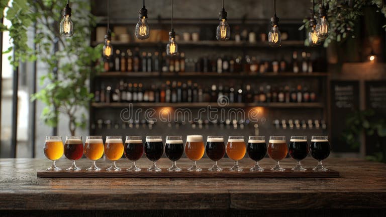 Six Glasses of Beer Arranged on a Table in Different Colors Stock Photo ...
