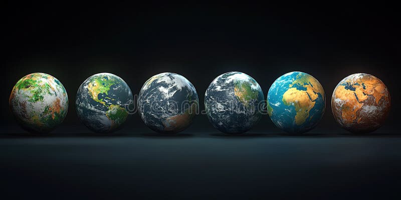 Six Globes Representing Earth in Various Stages of Seasonal Changes ...