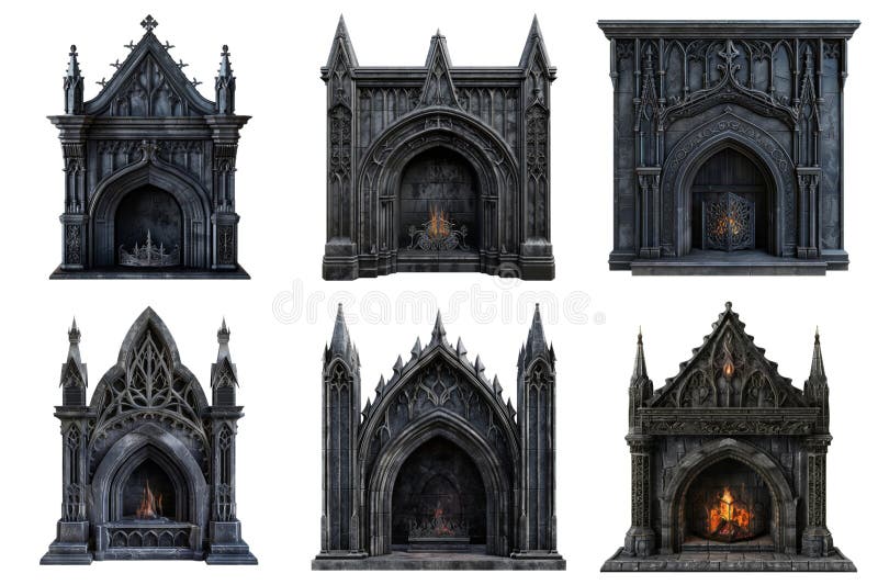 Six Gothic Stone Fireplaces with Flames Burning Inside Stock ...