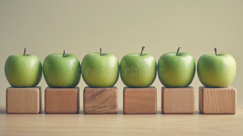 Six Green Apples on Wooden Blocks in a Row. Stock Photo - Image of ...