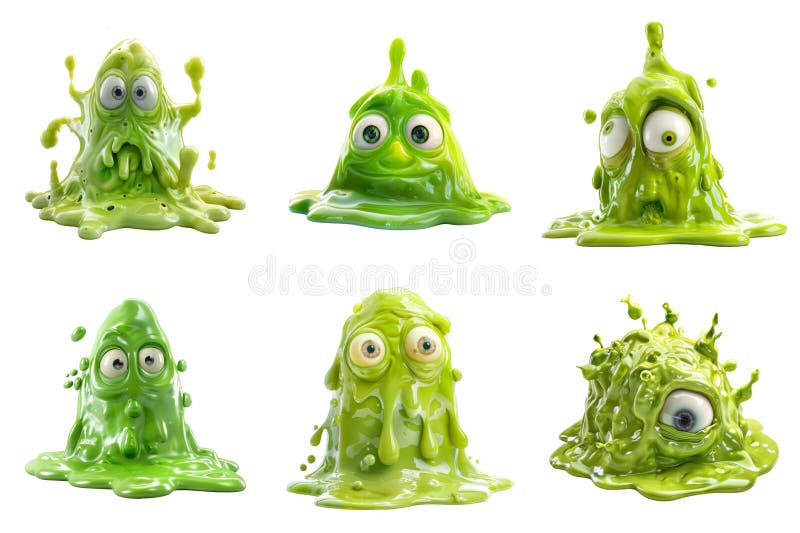 Six Green Slimy Monsters with Different Expressions Stock Illustration ...