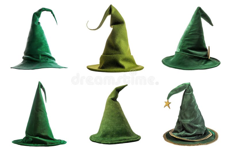 Six Green Wizard Hats with Various Styles and Designs Stock ...
