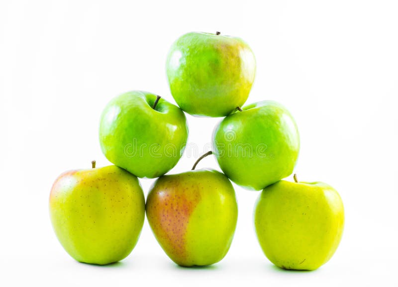 Six Green and Yellow Apples Forming a Pyramid on a White Background ...