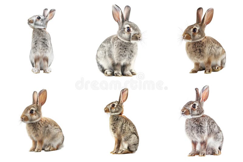 Six Grey Rabbits Sitting Against a White Background Stock Illustration ...