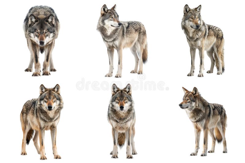 Six Grey Wolves in Various Poses Against a White Background Stock ...