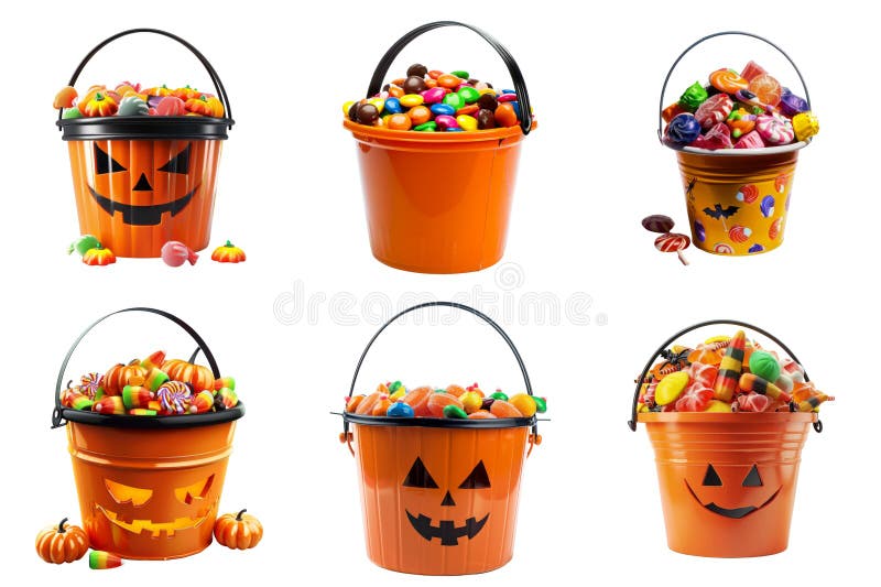 Six Halloween Trick-or-Treat Buckets Filled with Candy Stock ...
