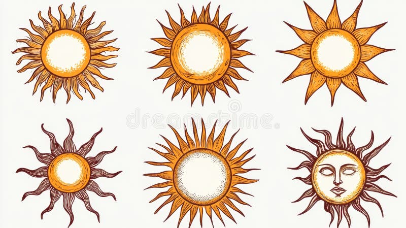 Six Hand-drawn Sun Illustrations with Intricate Designs, Each Having ...