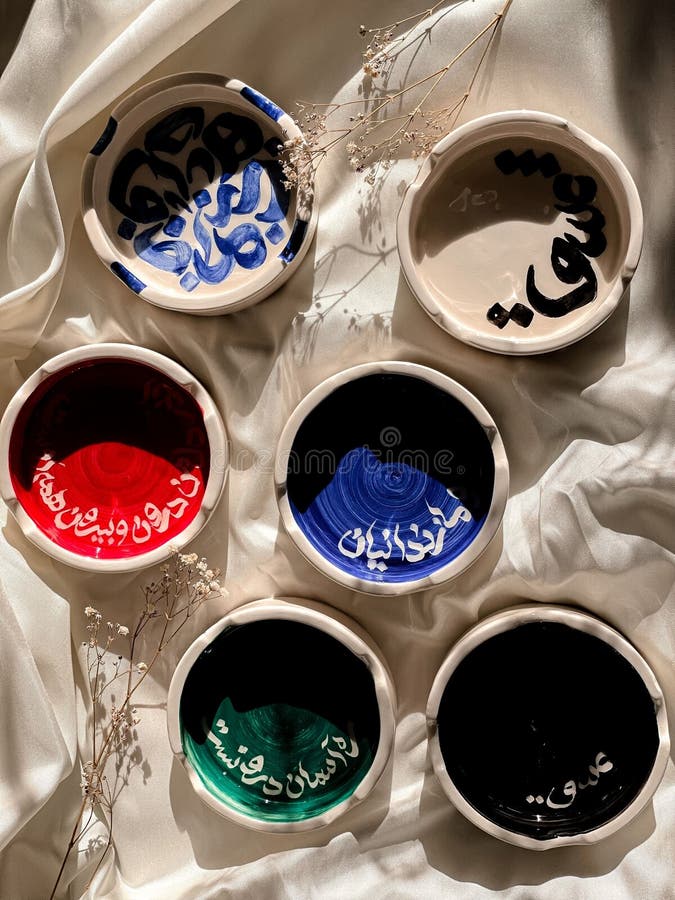 Handmade Colorful Ceramic Ashtrays on the Cozy White Linen Stock Photo ...