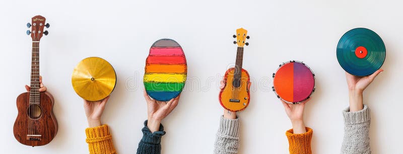 Six Hands Holding Diverse Musical Instruments and Colorful Objects on a ...