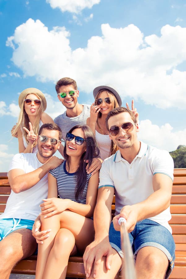 Six Happy Best Friends on Vacation Making Selfie Stock Image - Image of ...