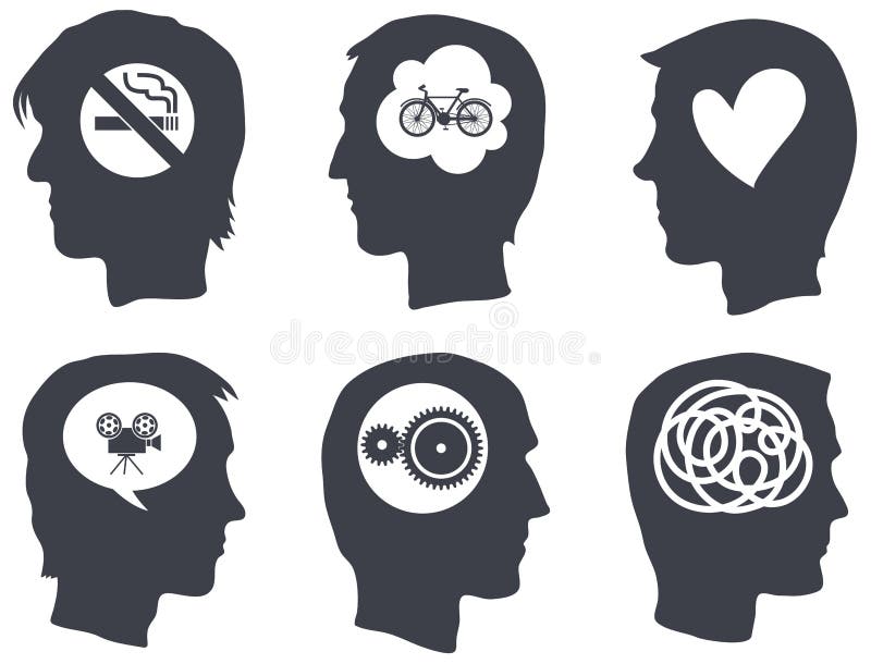 Two Head Silhouette with Heart and Brain Symbols Inside, Logic and Feel ...