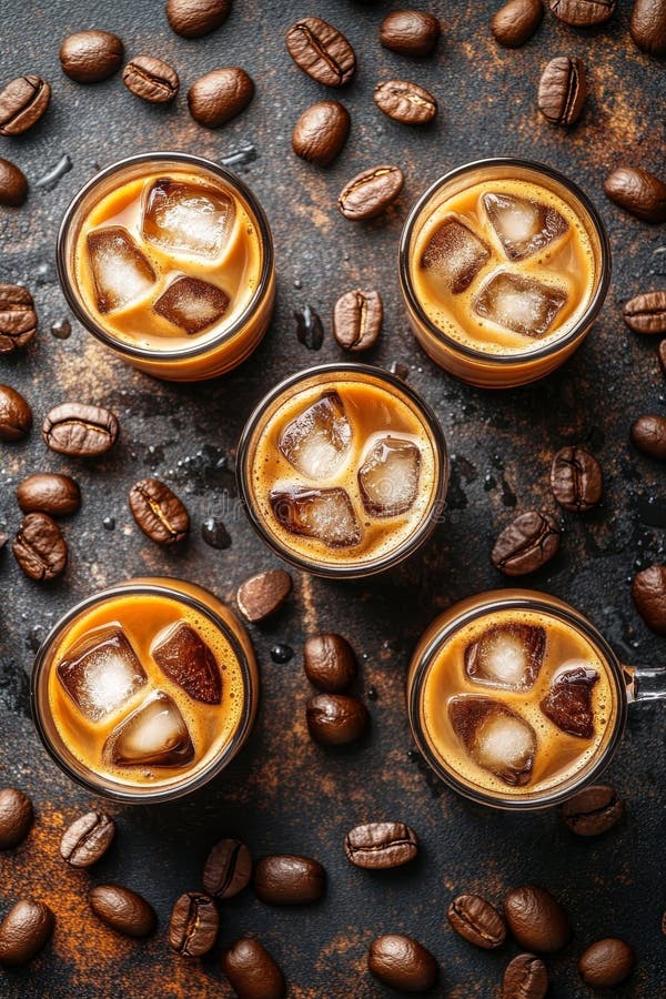 Six Iced Coffee Drinks on Table, Top View. Cold Brew Beverages with Ice ...