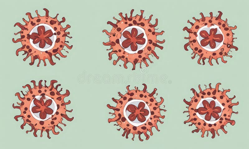 Six Identical Red and Orange Viruses with White Centers are Arranged in ...