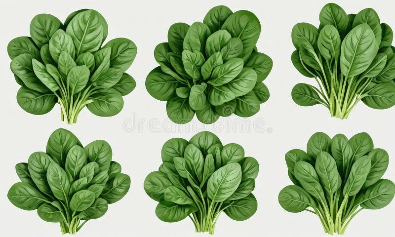 Six Identical Spinach Plants, Each with Large Bunch Green Leaves, are ...