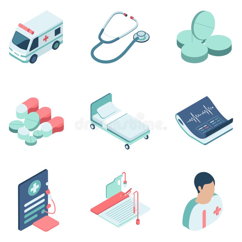 Six Isometric Icons Representing Key Online Services in a Modern Flat ...