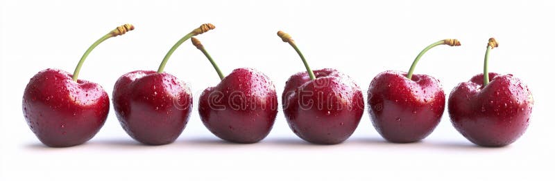Six Juicy Red Cherries in a Row on White Background High Quality Image ...