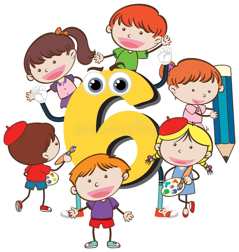 Six Kids Attached To Number Six Stock Vector - Illustration of little ...