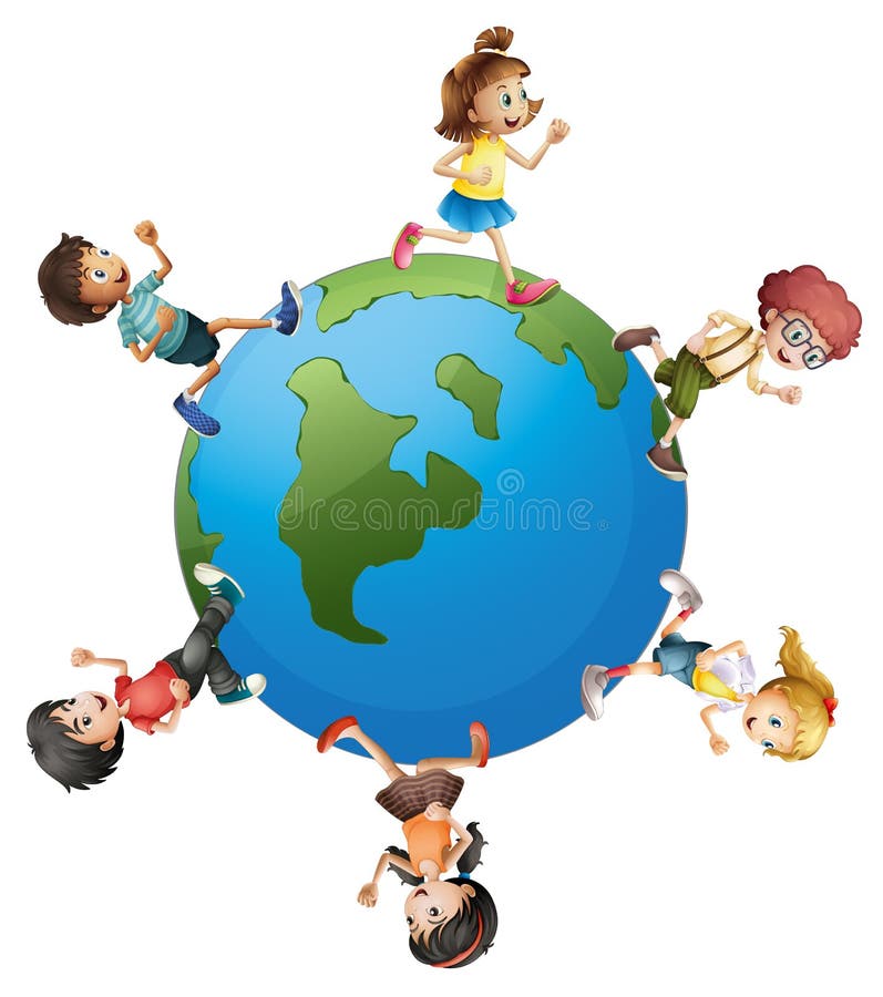 Six Kids Walking Around the Planet Earth Stock Illustration ...