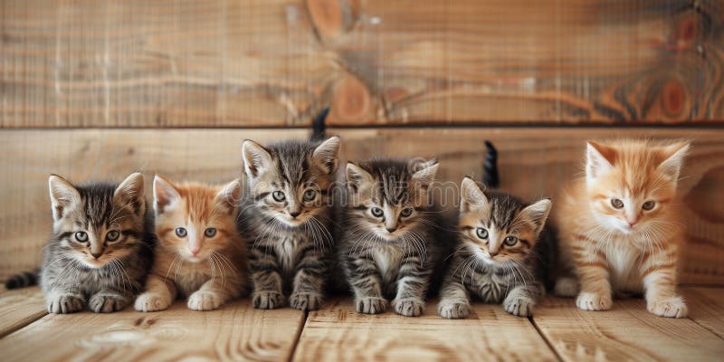 Six Kittens Sit in a Row on a Wooden Floor. Generative AI Stock Photo ...