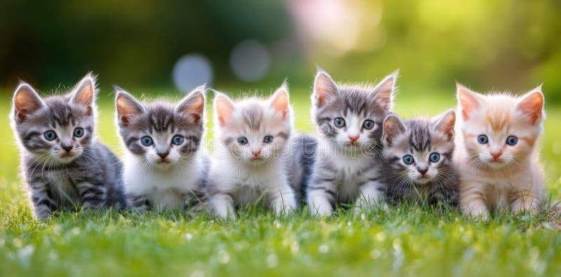 Six Kittens Sit Together in Green Grass, Enjoying the Outdoors and ...