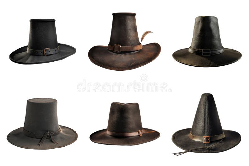 Six Leather Pilgrim Hats with Buckles and Straps Stock Photo ...