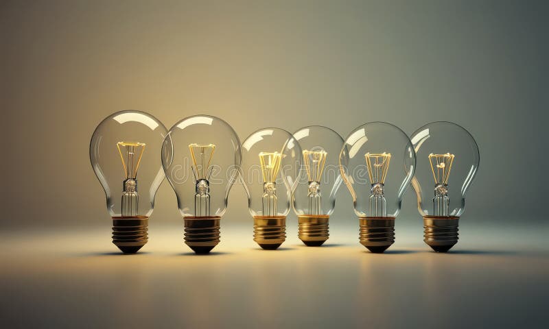 Six Light Bulbs, Each with Yellow Light, are Arranged in Row, Casting ...