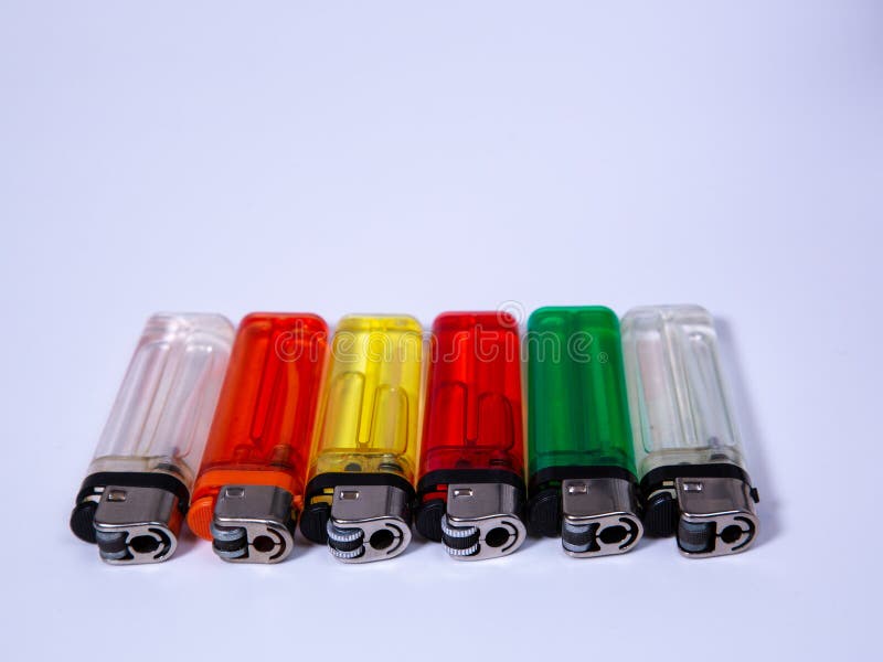 Six Lighters in Different Colors on White Underground Stock Photo ...