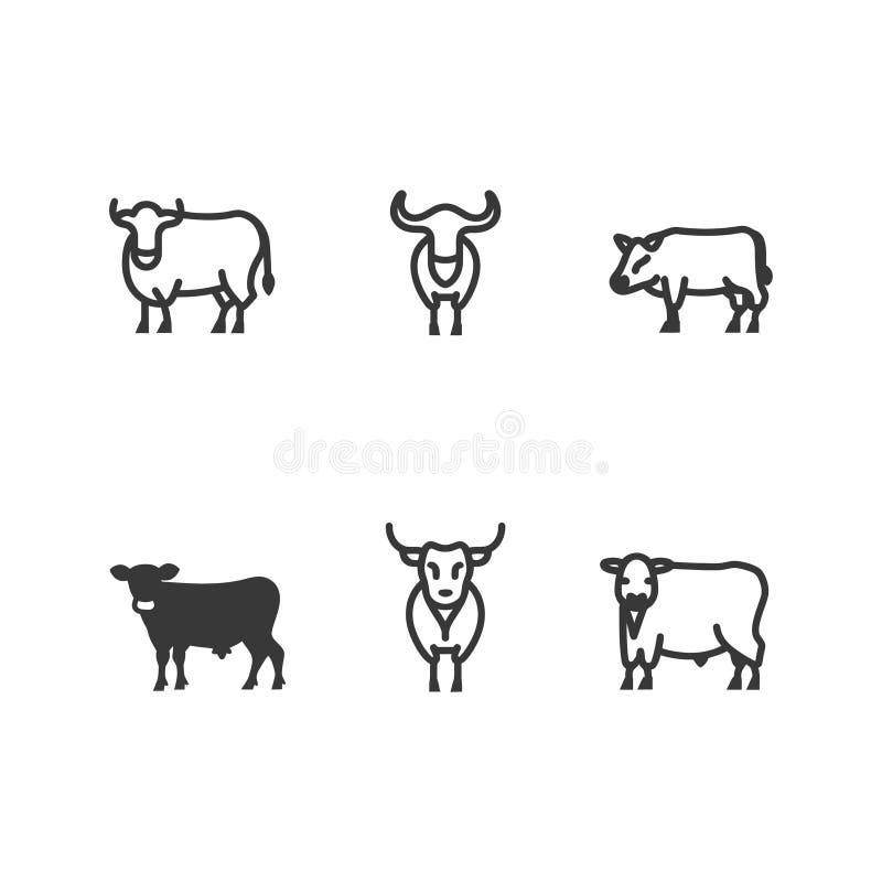 Six Line Art Illustrations of Cows and Bulls Stock Vector ...