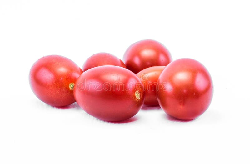 Six Little Red Tomatoes on a White Background Stock Image - Image of ...