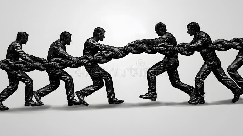 Six Men Pulling a Heavy Rope Symbolizing Teamwork. Stock Illustration ...
