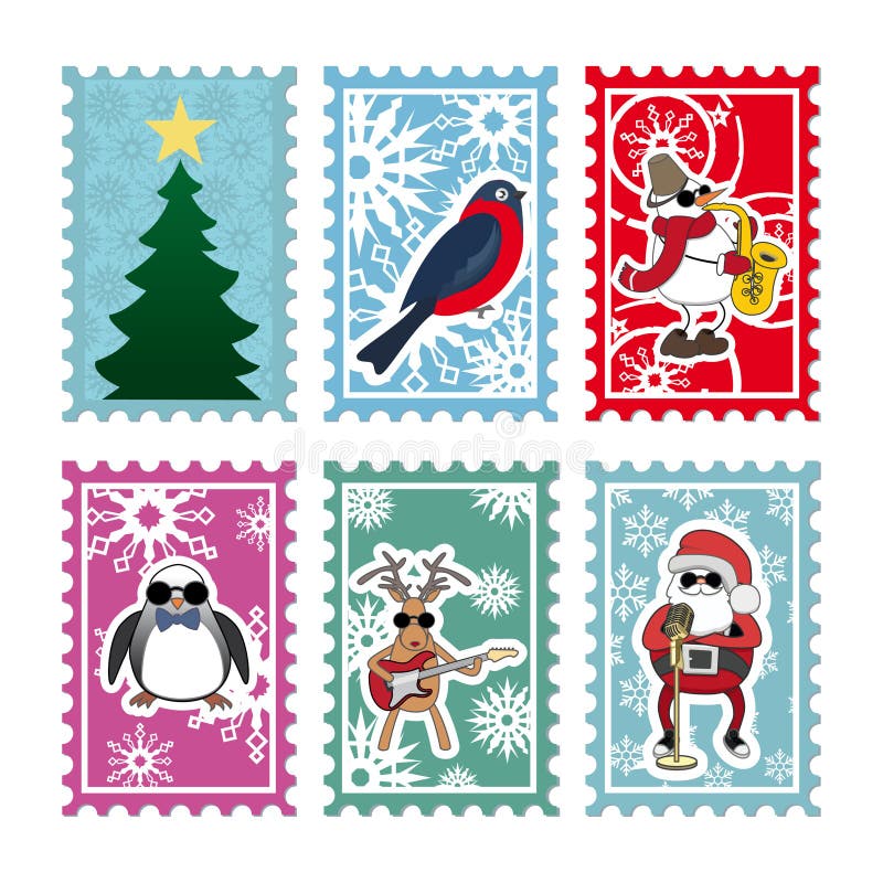 Six Multi-colored Stamps for Christmas Card Stock Vector - Illustration ...