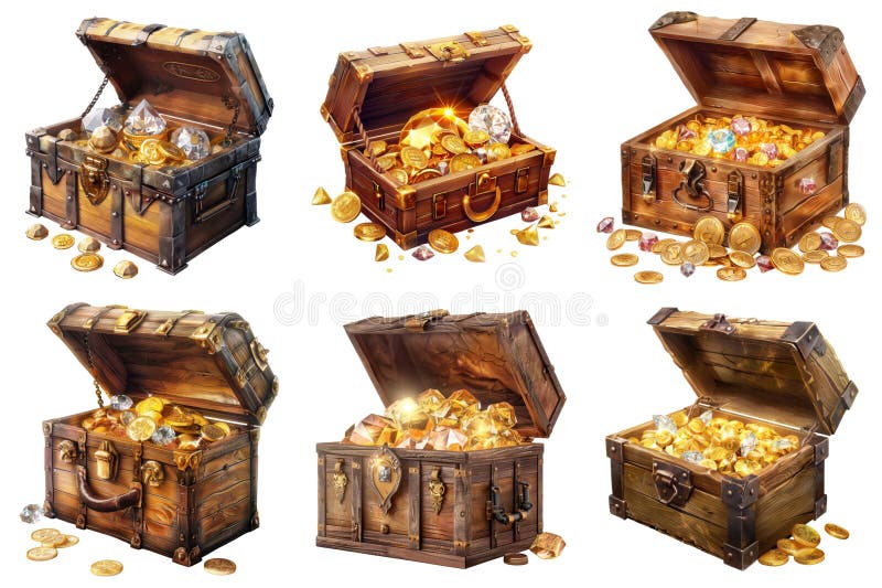 Six Open Treasure Chests Filled with Gold Coins and Gems Stock Photo ...
