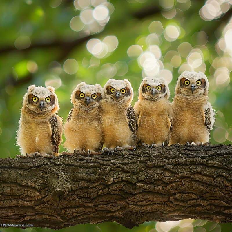Six Owlets Perched on a Branch Stock Illustration - Illustration of ...