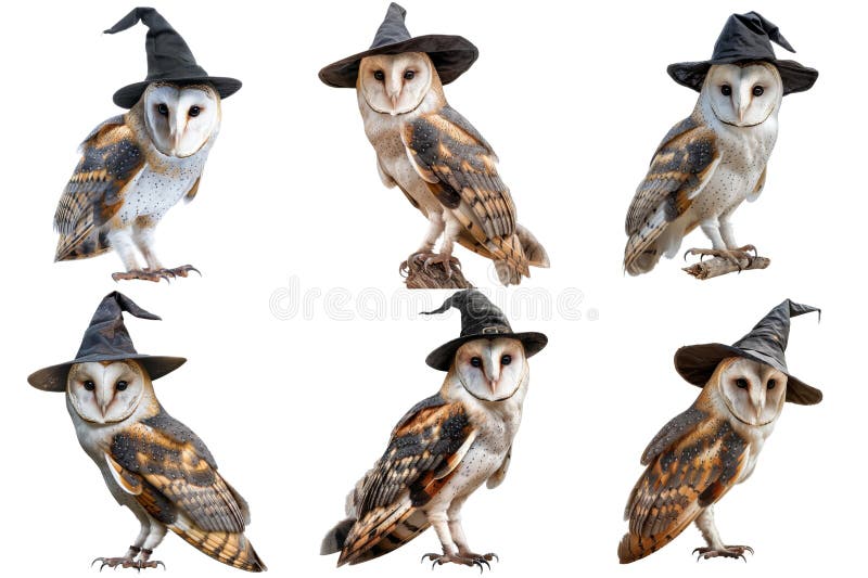 Six Owls in Witch Hats Against a White Background Stock Image ...