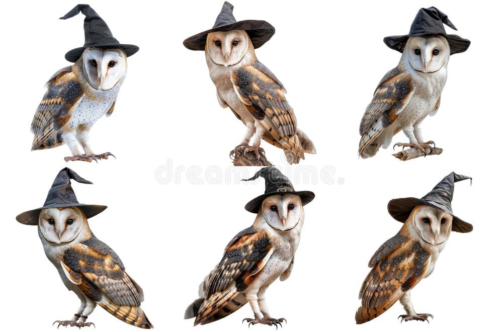 Six Owls in Witch Hats Against a White Background Stock Image ...