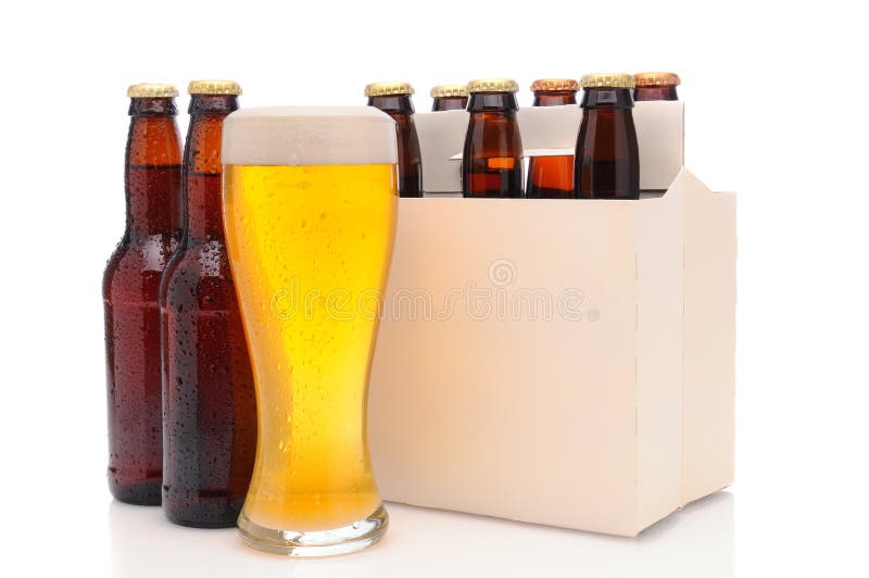 Six Pack of Beer Bottles with Glass Stock Image - Image of cold ...