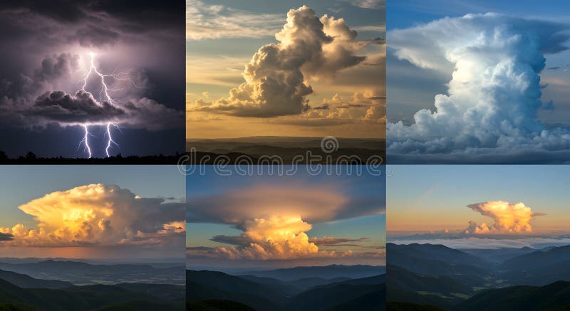Six Panel Collage of Cloud Formations, Ai Generated Stock Illustration ...