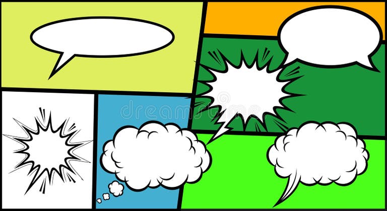 Blank Comic Strip Layout with Colorful Panels and Speech Bubbles Stock ...