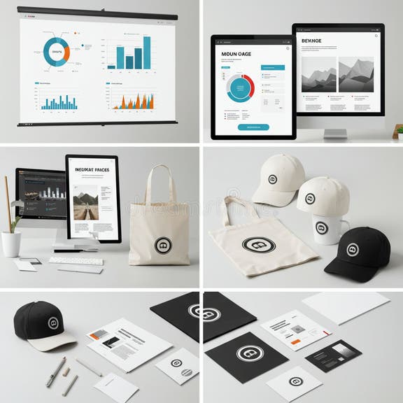 Six-panel Image Featuring Digital and Physical Branding Materials. Top ...