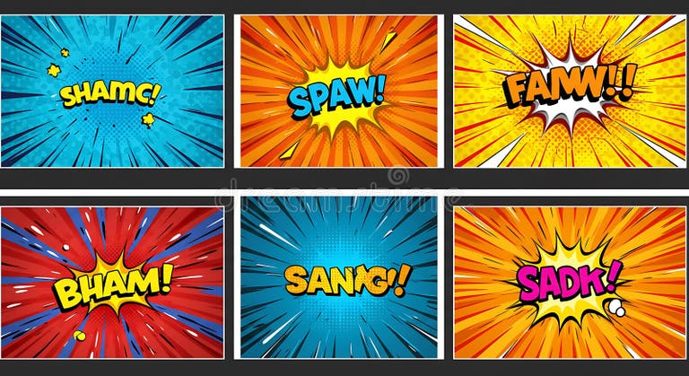 Six Panels Feature Colorful Comic-style Designs with Burst Patterns and ...