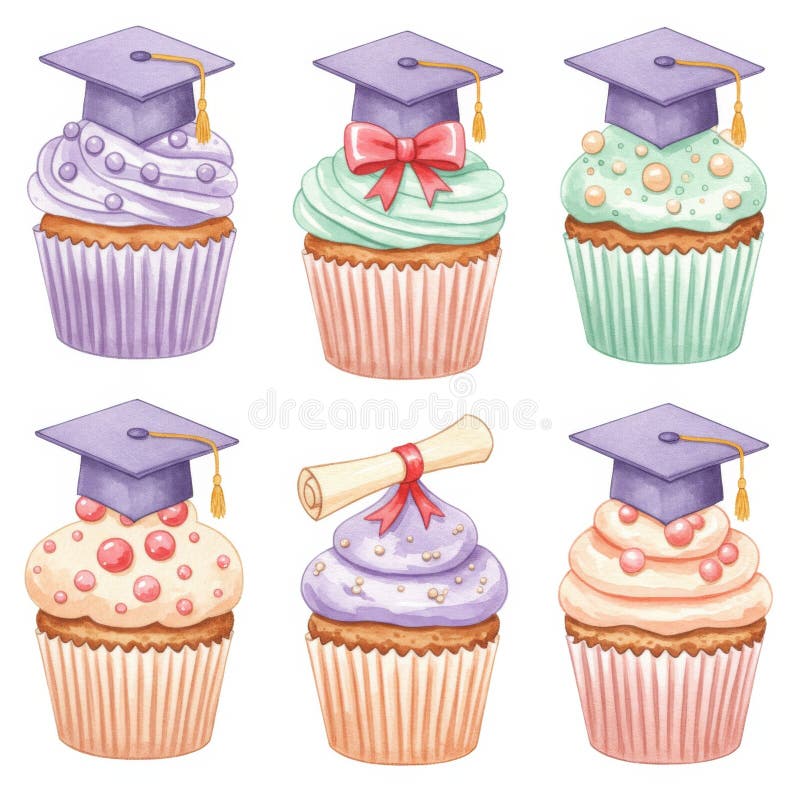 Six Pastel Watercolor Graduation Cupcakes with Caps Stock Illustration ...