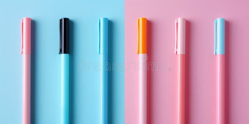 Six Pens of Various Colors are Arranged on a Background Split Evenly ...