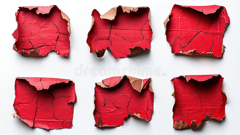 Six Pieces of Red Torn Paper with Cracked Texture Isolated on White ...