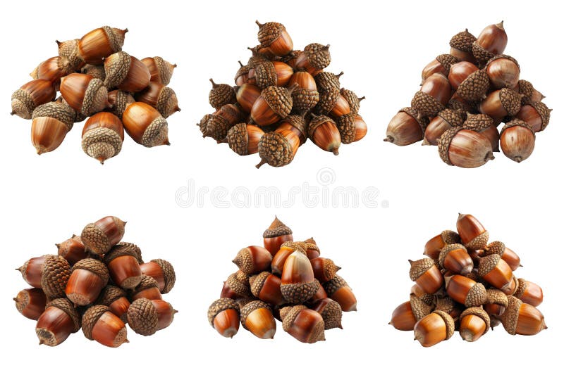 Six Piles of Brown Acorns Isolated on White Background Stock Image ...