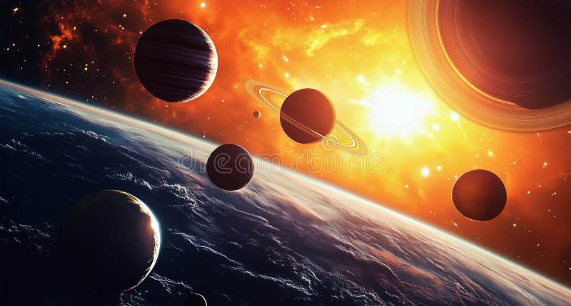 View of Many Planets and Space in a Distant Galaxy during Golden Hour ...