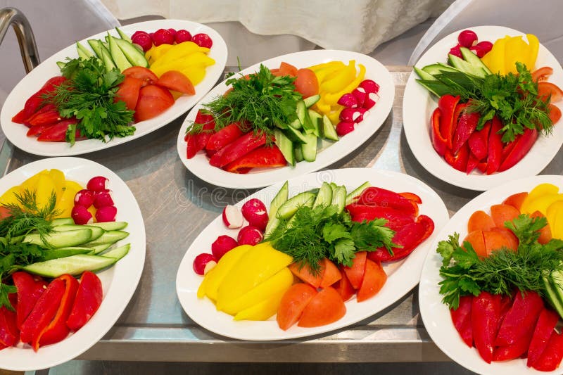 Six Plates with Fresh Vegetables on a Stock Image - Image of delicious ...